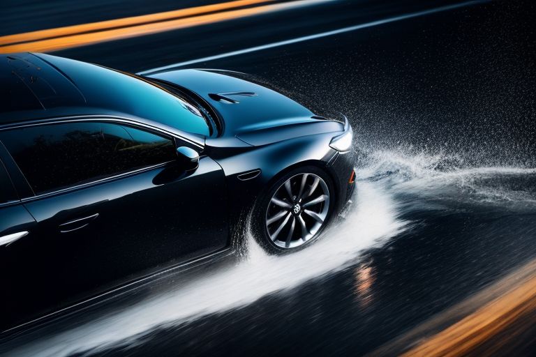 Terry_K: Car driving over water, tires splashing, black road, wet ...