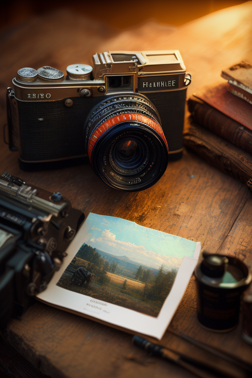 addison: still life retro camera on the table, old photographs nearby ...
