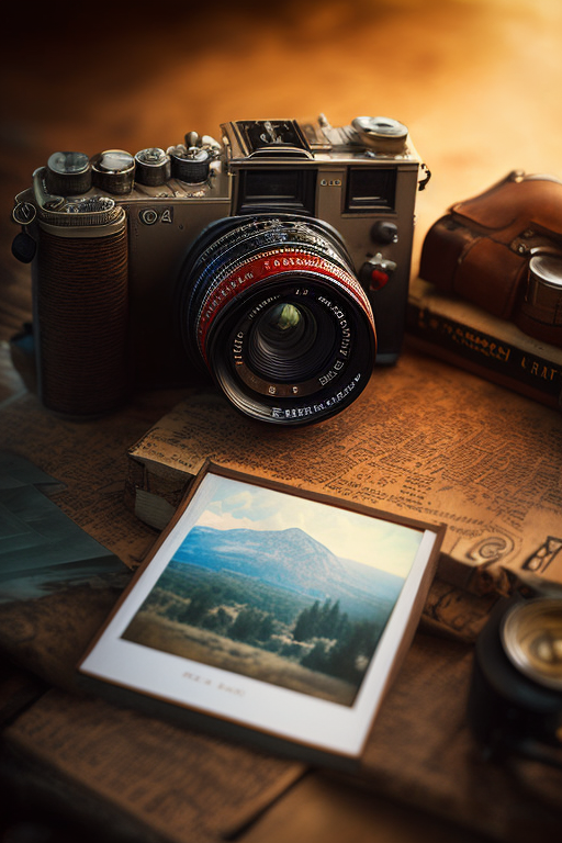 addison: still life retro camera on the table, old photographs nearby ...
