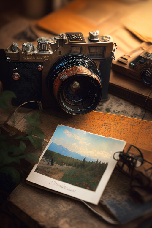 addison: still life retro camera on the table, old photographs nearby ...