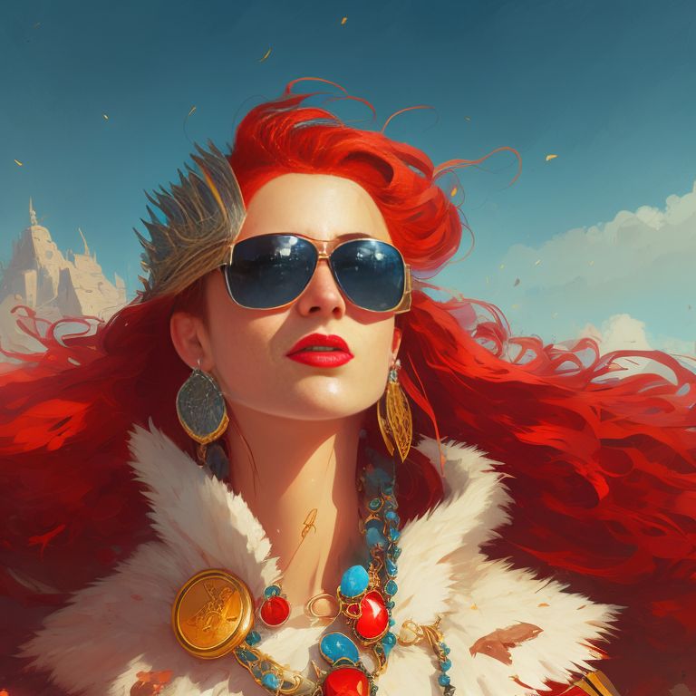 cloudy-eagle250: big red hair, sunglasses, blue sky, golden crown with ...
