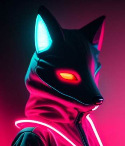 formal-bison459: boy wearing plastic neon fox mask and hood, in dark ...