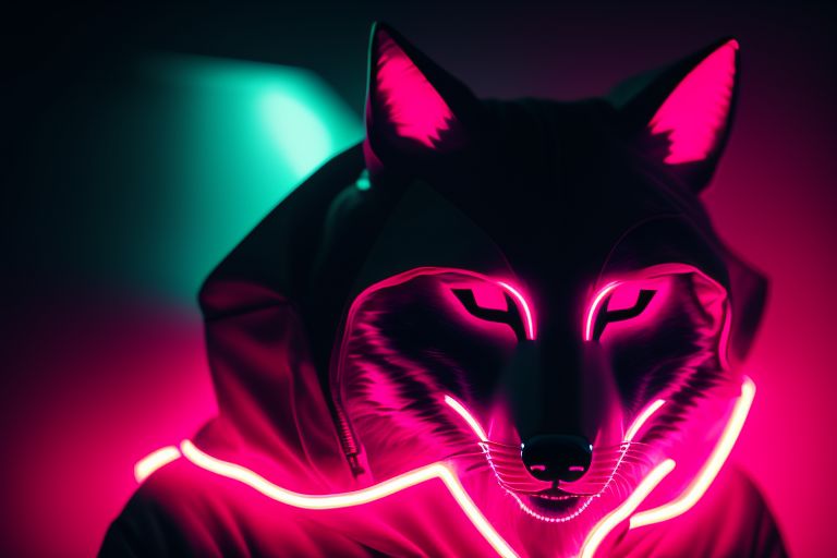 formal-bison459: boy wearing plastic neon fox mask and hood, in dark ...
