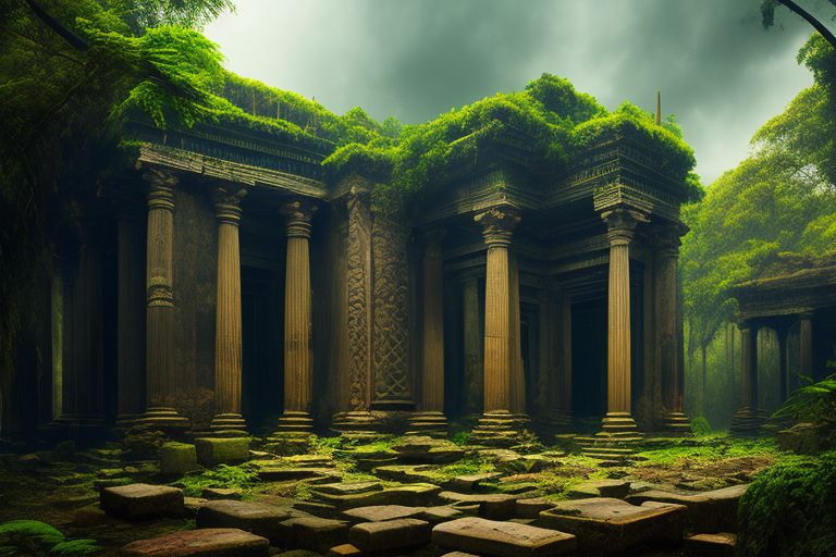 BrightPhoenix: temple ruins in a moody jungle, overcast, 11 am