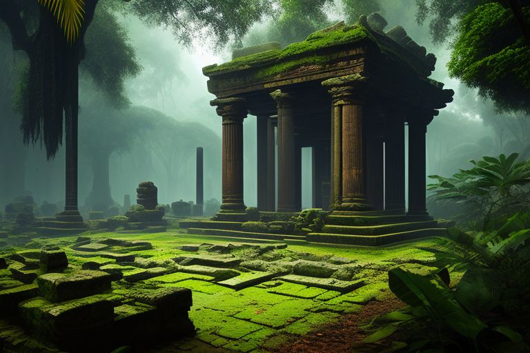 BrightPhoenix: temple ruins in a moody jungle, overcast, 7 am