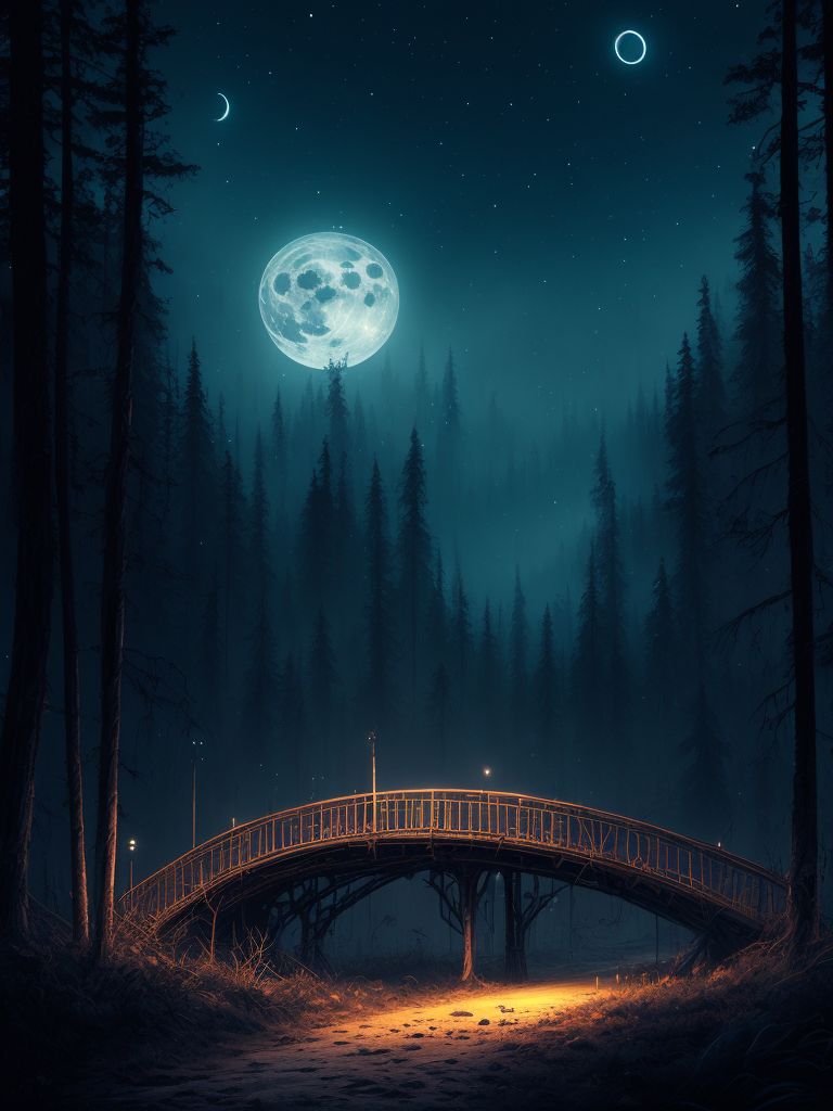Raccoon: wooden bridge, river, forest, night, fog, moon, gloomy,