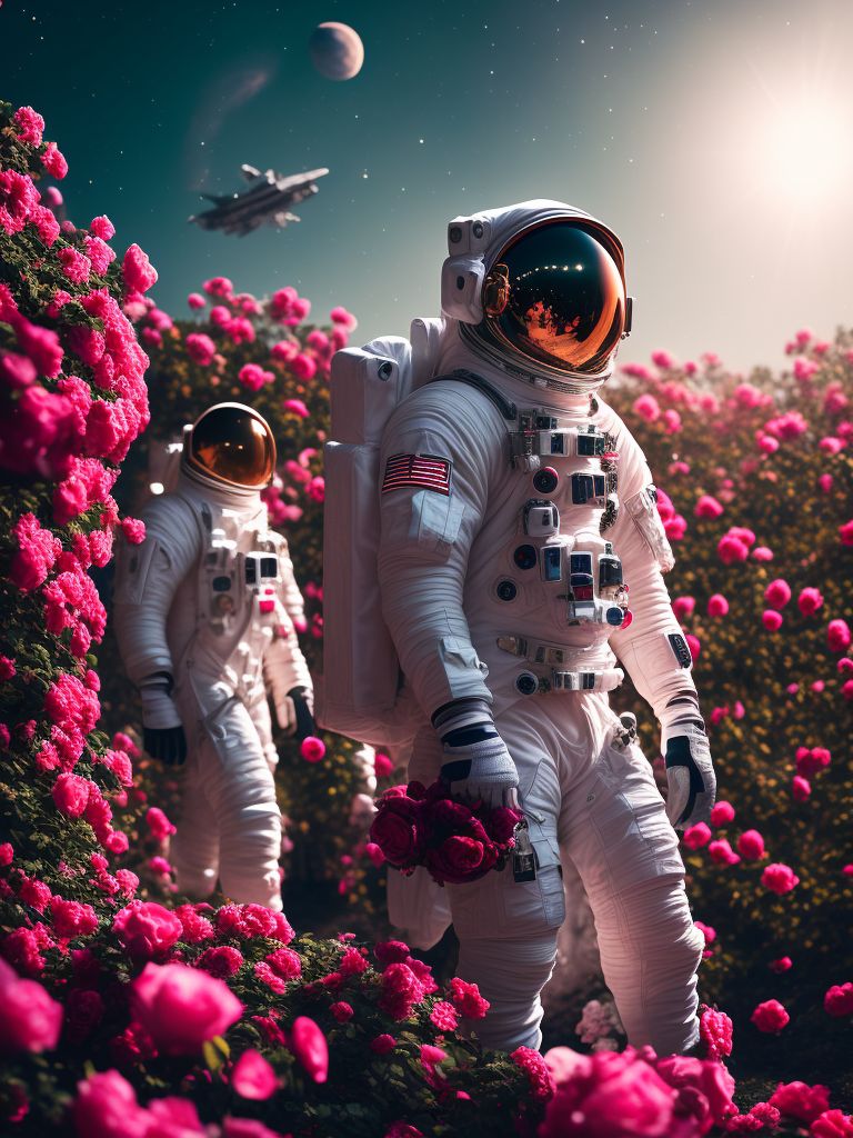 markmo: An astronaut wearing a spacesuit in a rose garden for a fashion photoshoot