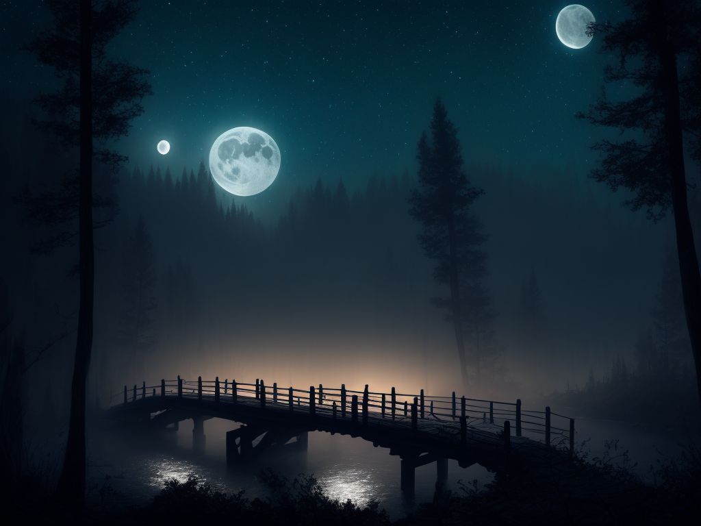 Raccoon: wooden bridge, river, forest, night, fog, moon, gloomy,
