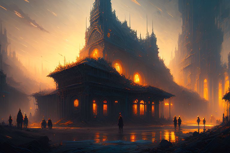 muted-dog829: A fabric factory, medieval style, people at work, daylight