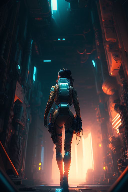 MUNSTER: girl pilot sci-fi, walking in planet, isometric view