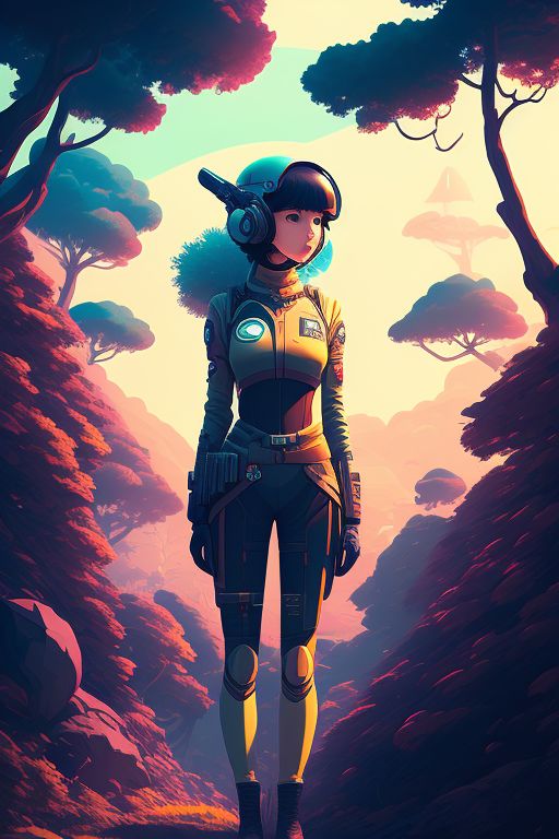 MUNSTER: girl pilot sci-fi, in a tree valley, full body view