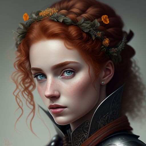 hard-yak421: Young woman knight, ginger hair, crown braid, knight armor ...
