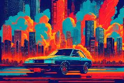 KOPF-KI-NO: Big city skyline, ((car)), cumulus clouds, night time, red ...