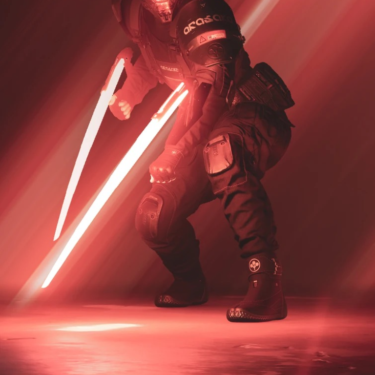 Kz: cyberninja with red glowing mantis blades/arm blades with a ...