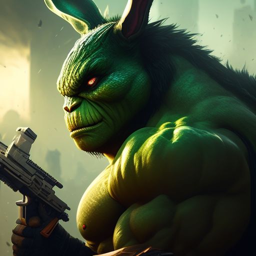 late-eland860: a cute green terror looking bunny dressed up like hulk ...
