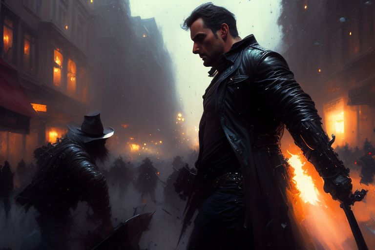 worthy-mink469: 1man, vampire hunter, dim light, town street, brick ...