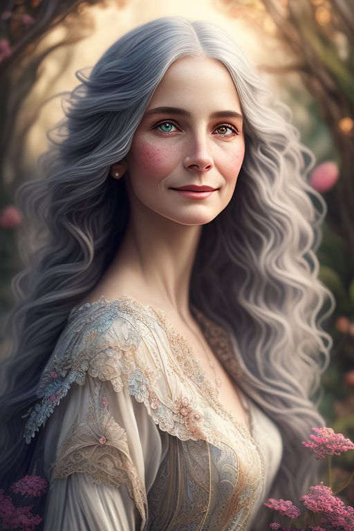 SoulDreamer: mature woman, long wavy silver hair, brown eyes, wistful ...