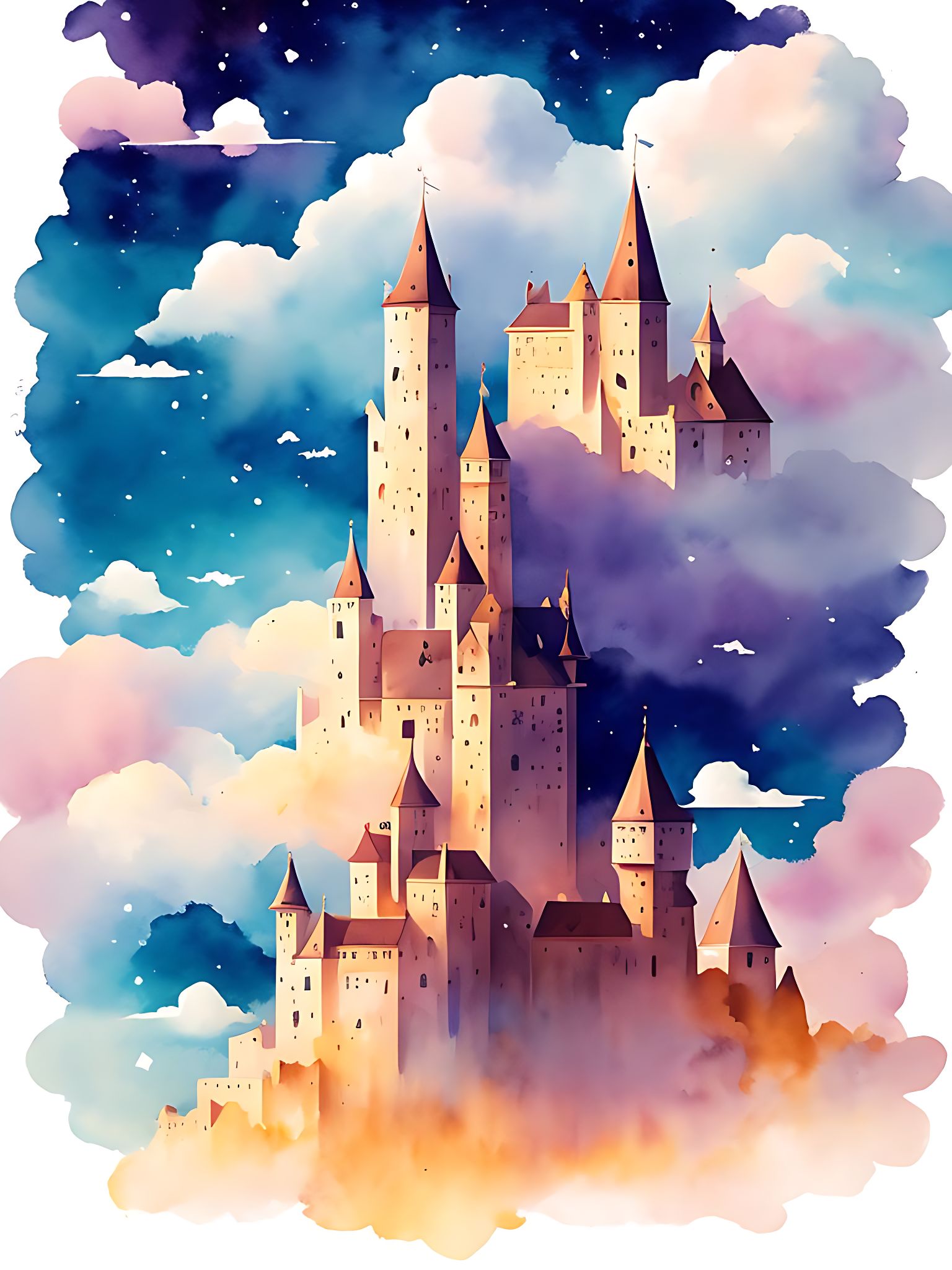MANTIO.eu: A castle in the air, whimsical clouds, watercolor light ...