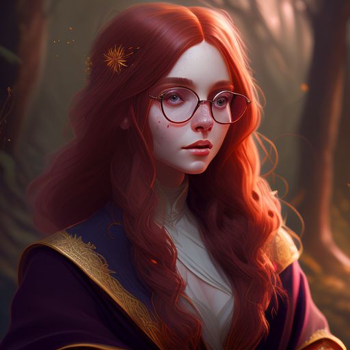 quirky-dove76: portrait cute female, magician robe dark, gold glasses ...