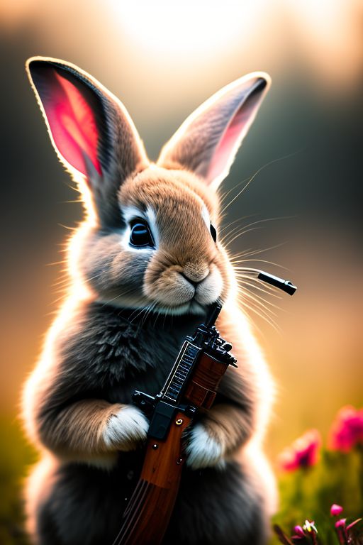 KOPF-KI-NO: 2d illustration, a guerilla rabbit holding a AK47, realist