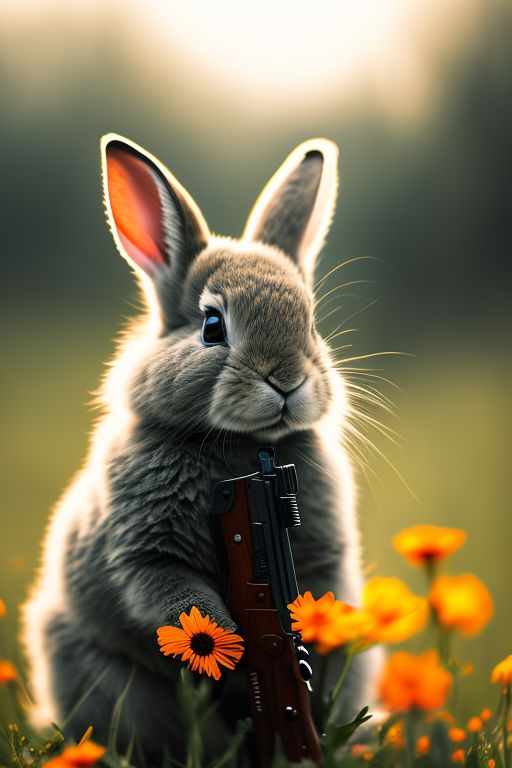 KOPF-KI-NO: 2d illustration, a guerilla rabbit holding a AK47, realist