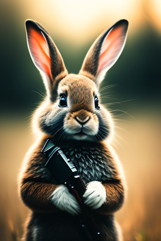 KOPF-KI-NO: 2d illustration, a guerilla rabbit holding a AK47, realist