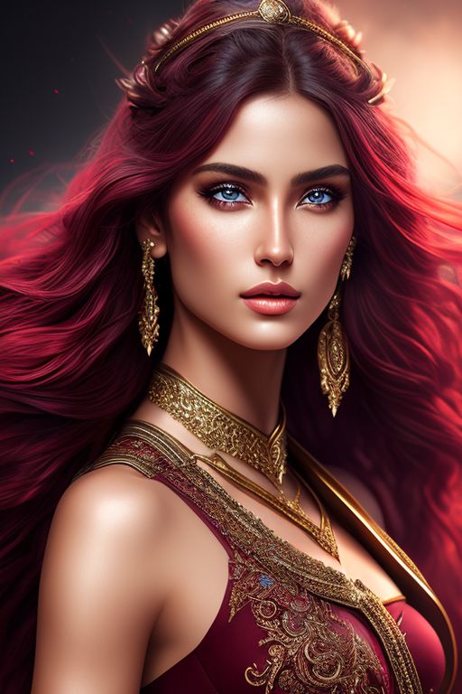 sasseycat1964: Warrior princess, flowing hair, maroon dress, intricate ...