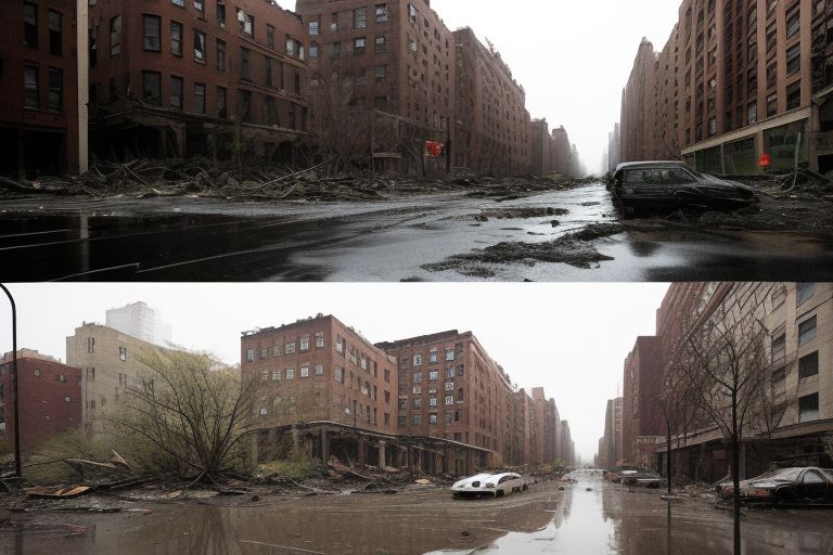 regal-whale903: New York city street. It rains. Puddles of water. Rats ...