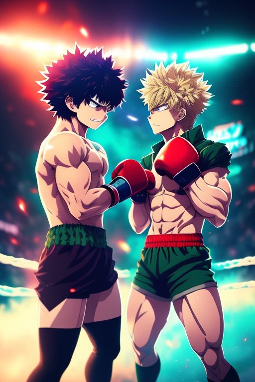 sad-marten694: My hero academia deku izuku vs bakugo boxing in underwear