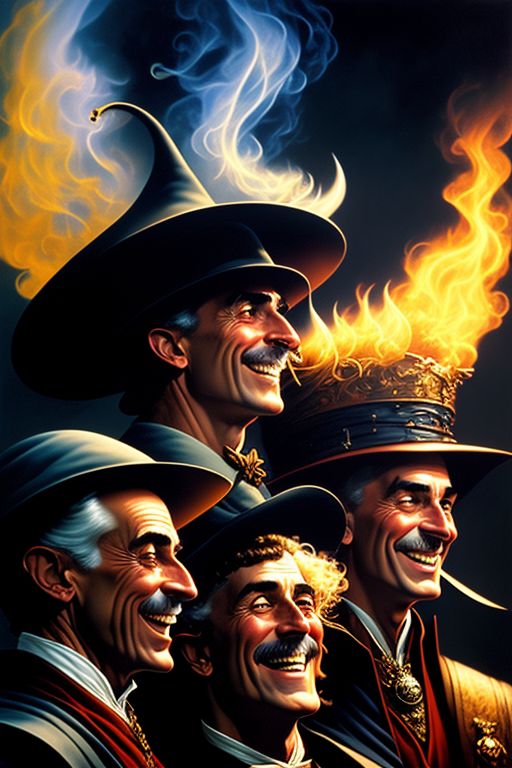 worn-shrew388: three wizards in large hats laugh and smoke