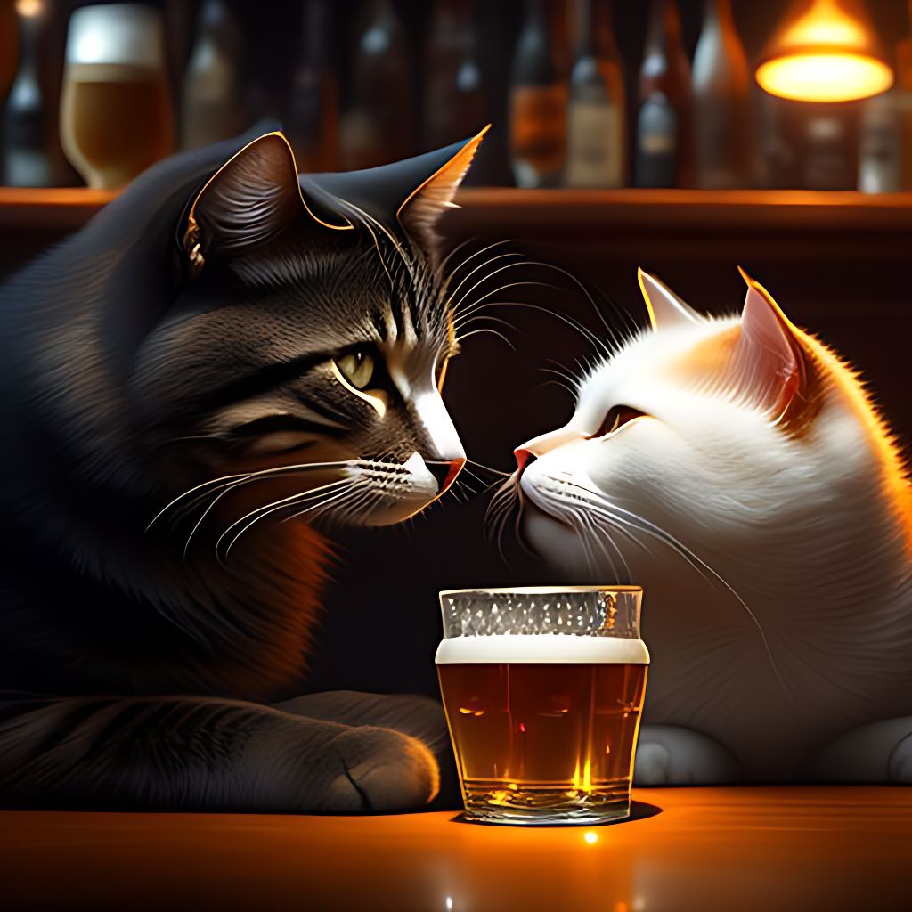 frugal-heron321: Cat drinking beer with dog in bar in dim light