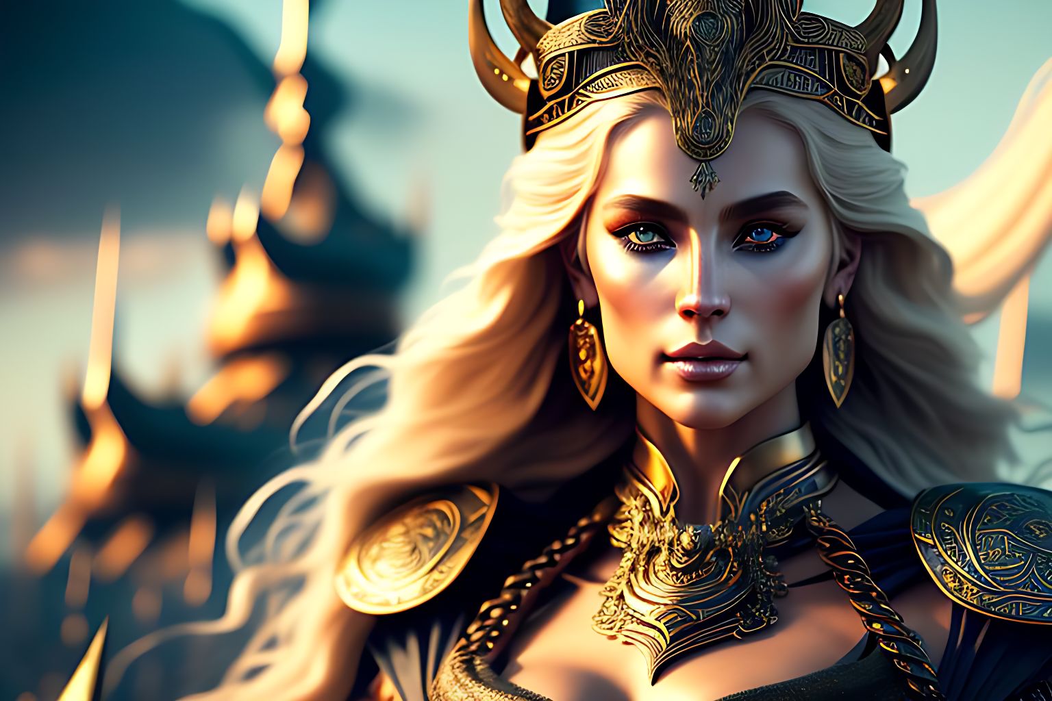 mythological female character fierce Goddess Freyja sits in Sessrúmnir ...