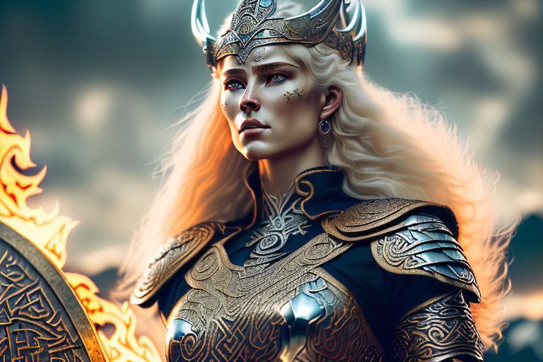 mythological female character fierce Goddess Freyja sits in Sessrúmnir ...