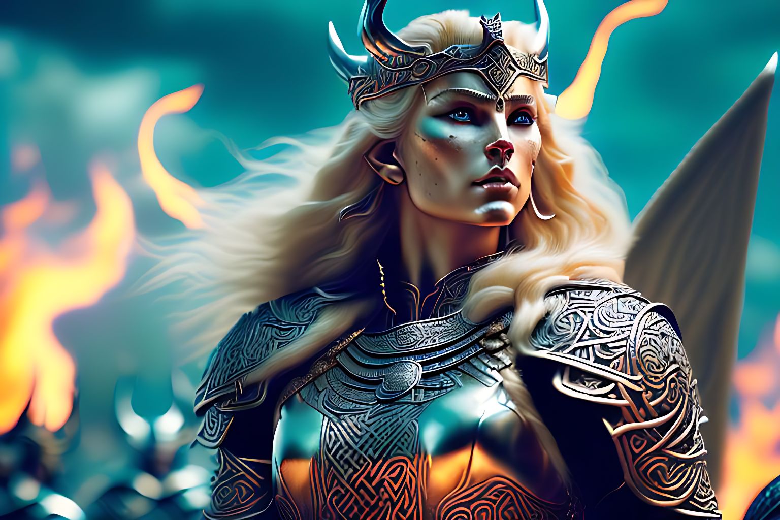 mythological female character fierce Goddess Freyja sits in Sessrúmnir ...