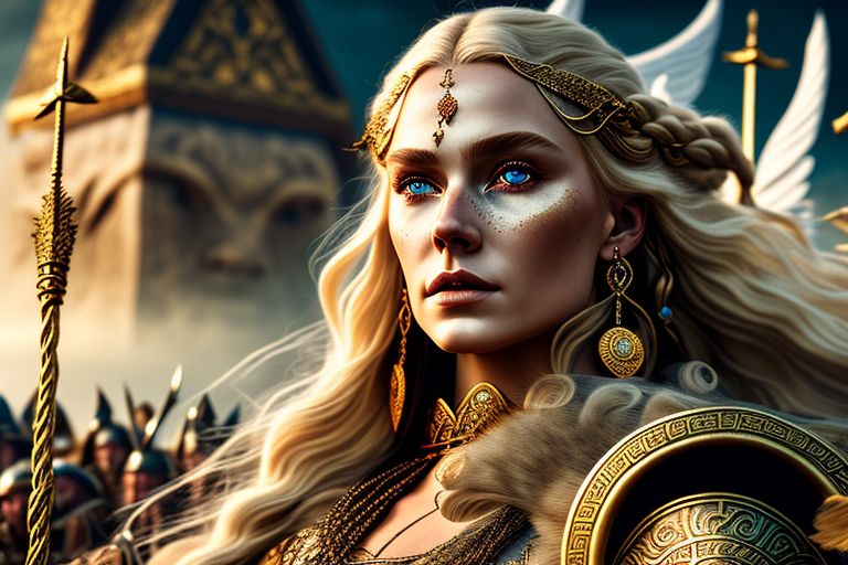 mythological female character fierce Goddess Freyja sits in Sessrúmnir ...