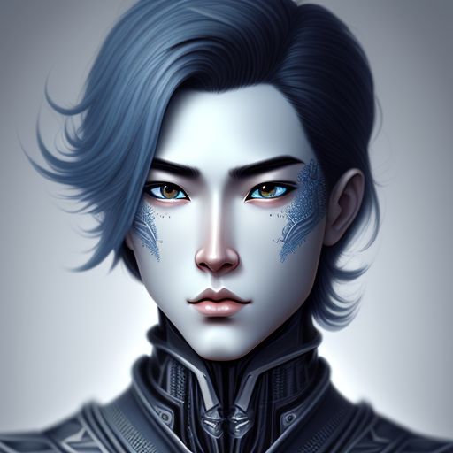 showy-dog692: attractive AI male half human half bot. light grey blue