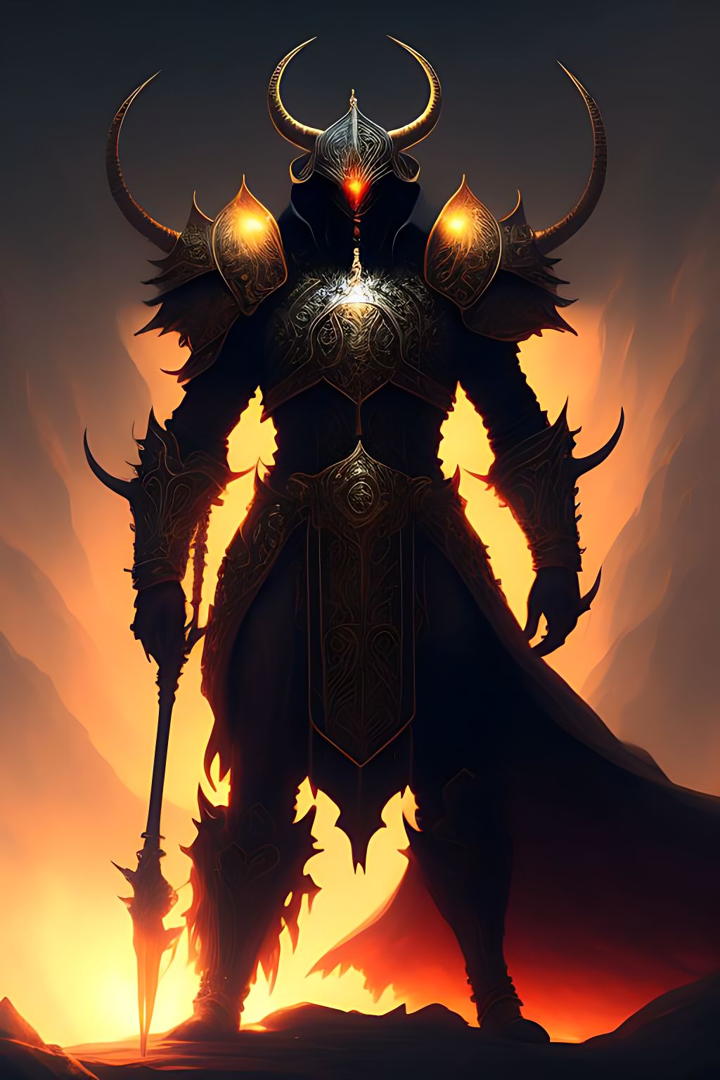 Osneysjc: A dark entity, full body/ with horns, red flame us eyes ...