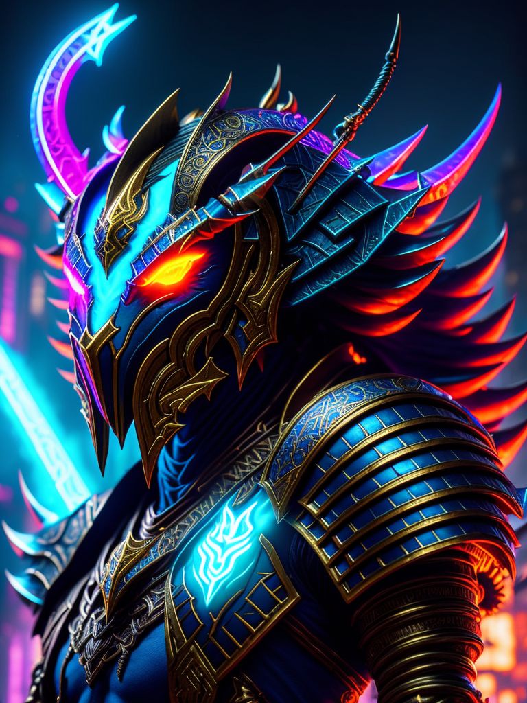 empty-wasp882: inarius from diablo 4 close up with weapon and dramatic blue