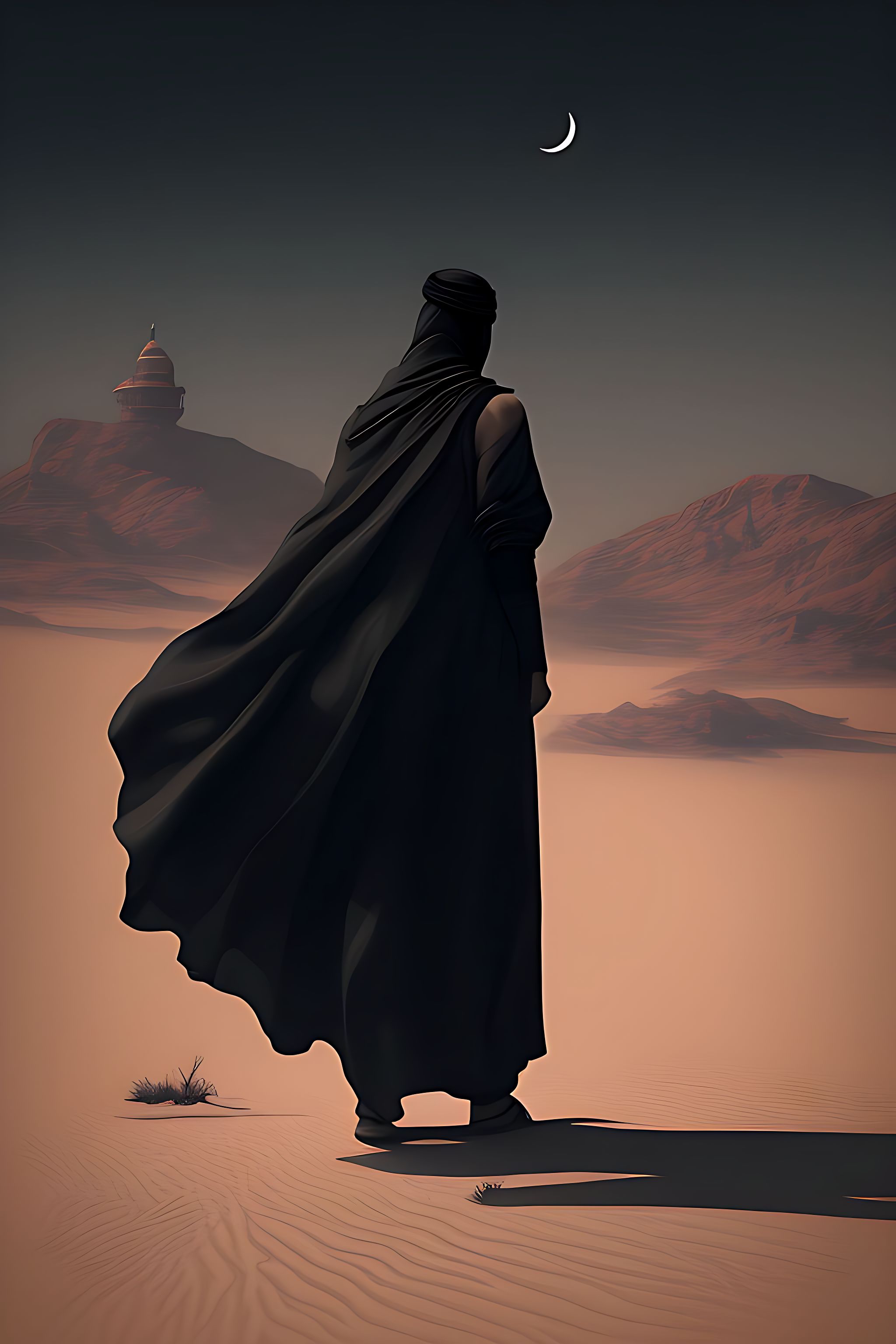 A Muslim faceless man in a desert praying, desolate landscape, barren, hopeless, Gritty, Highly ...