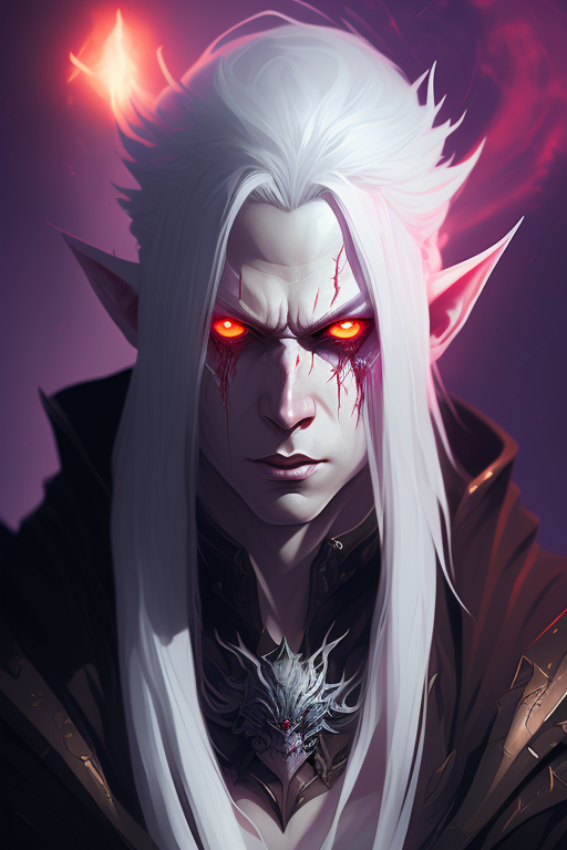 impish-viper638: evil albino elf, red eyes, white hair, pale skin, sorcerer in violet robe, head ...