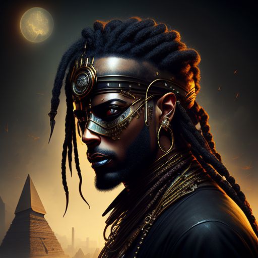 WazaLand: Dark Egyptian steampunk cyberpunk man with dreadlocks on pyramide