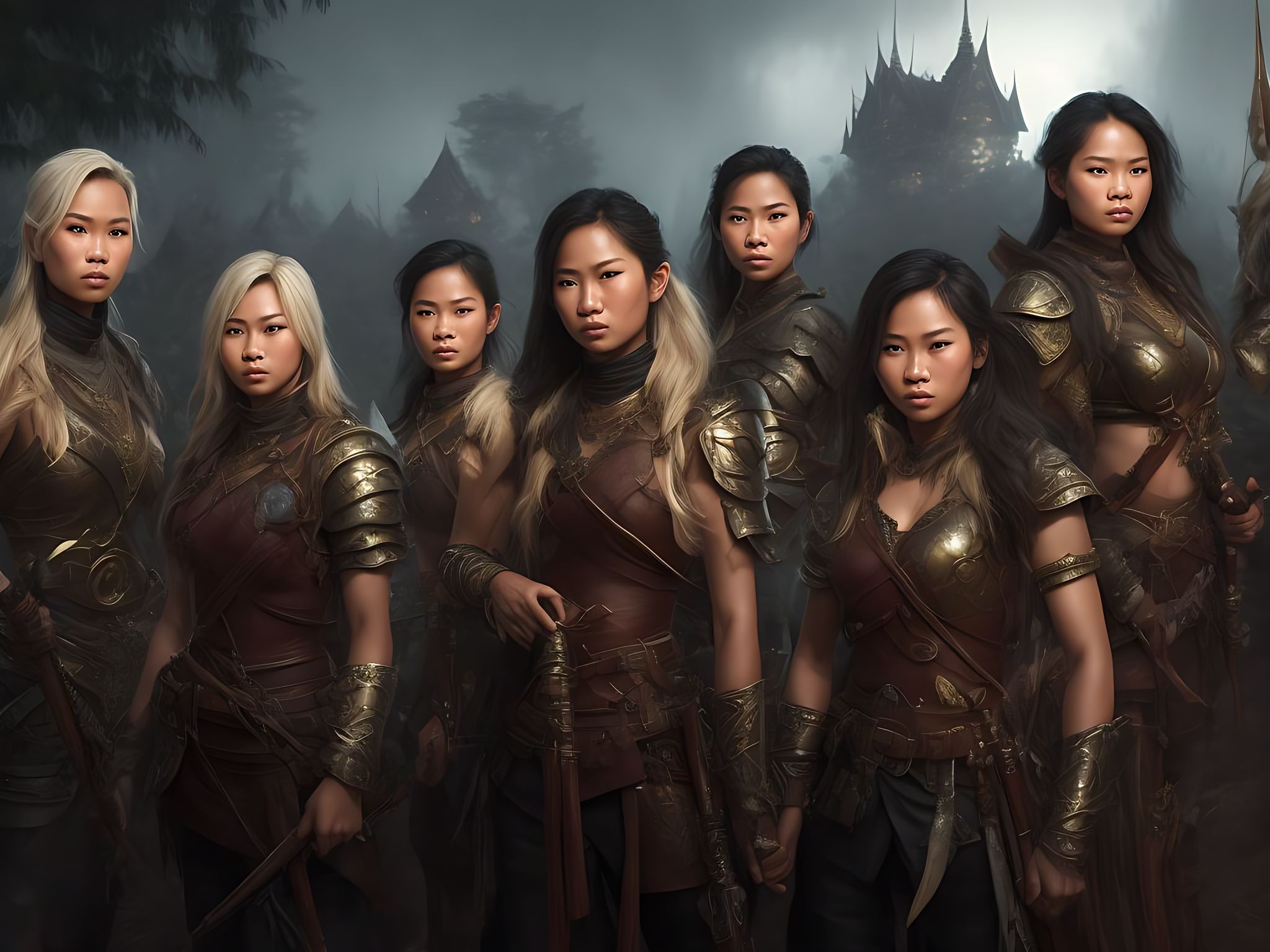 anxious-gaur648: A group of young Thai women warriors with blond hair standing in a castle at ...