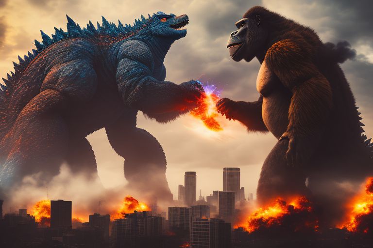 calm-ram45: godzilla releasing blue fire, giant gorilla, in the ...