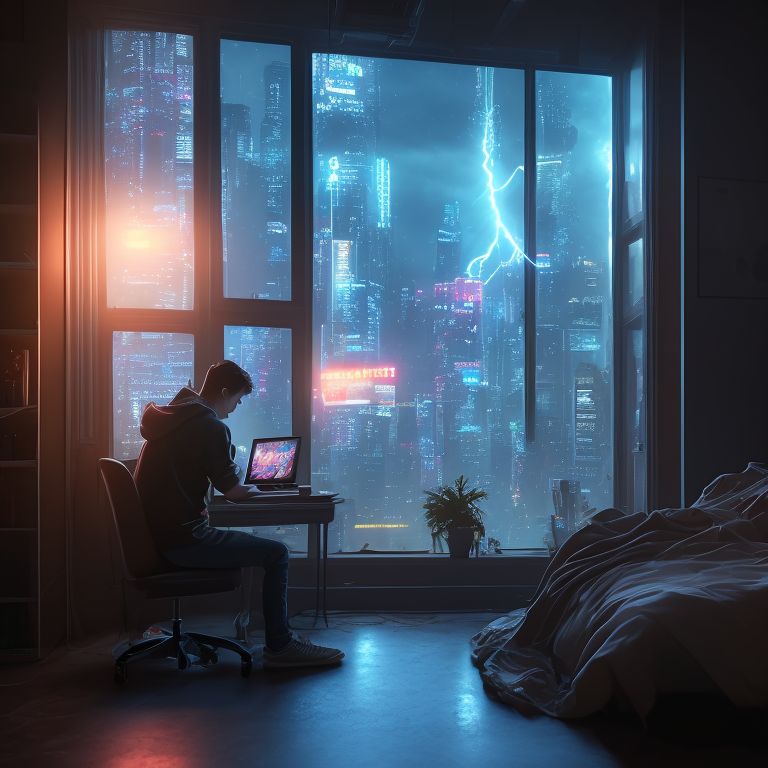 bright-gull534: teenager playing computer games in his cozy bedroom ...