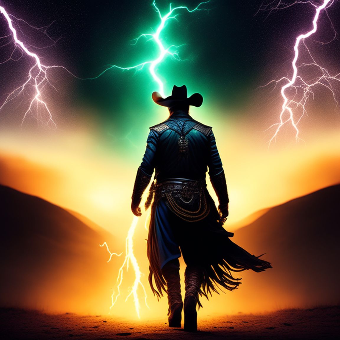 13TonynoT31: Dark fantasy Cowboy walking into the sunset with green ...