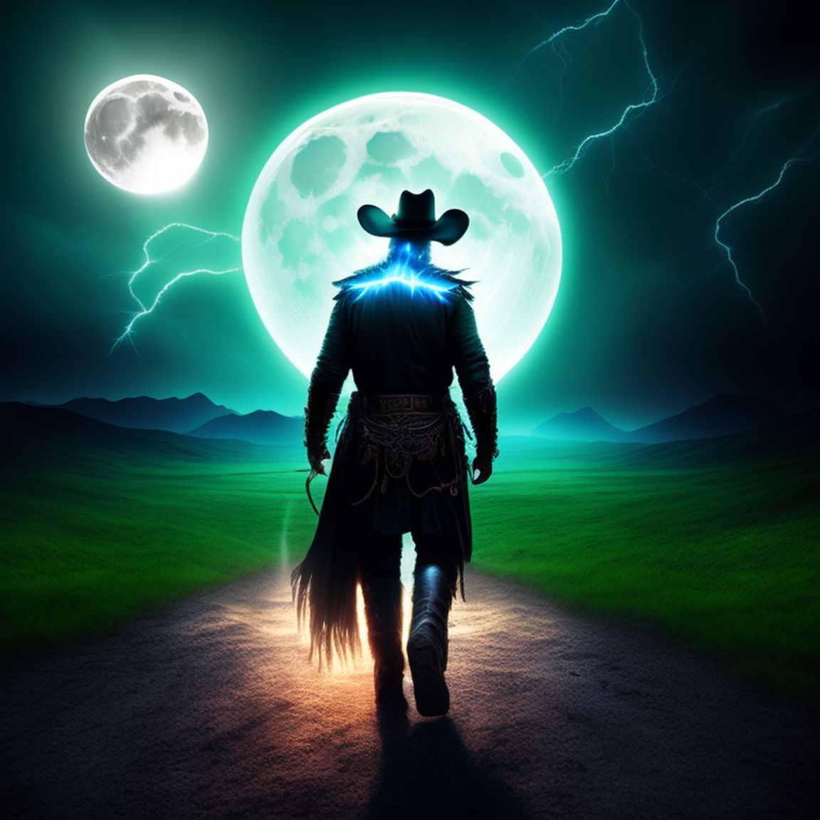 13TonynoT31: Dark fantasy Cowboy walking into the sunset with green ...