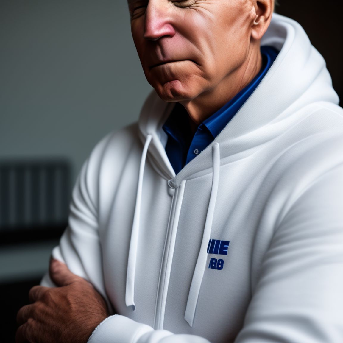 stormy-finch757: Joe Biden sleeping, modeling a white hoodie, facing ...