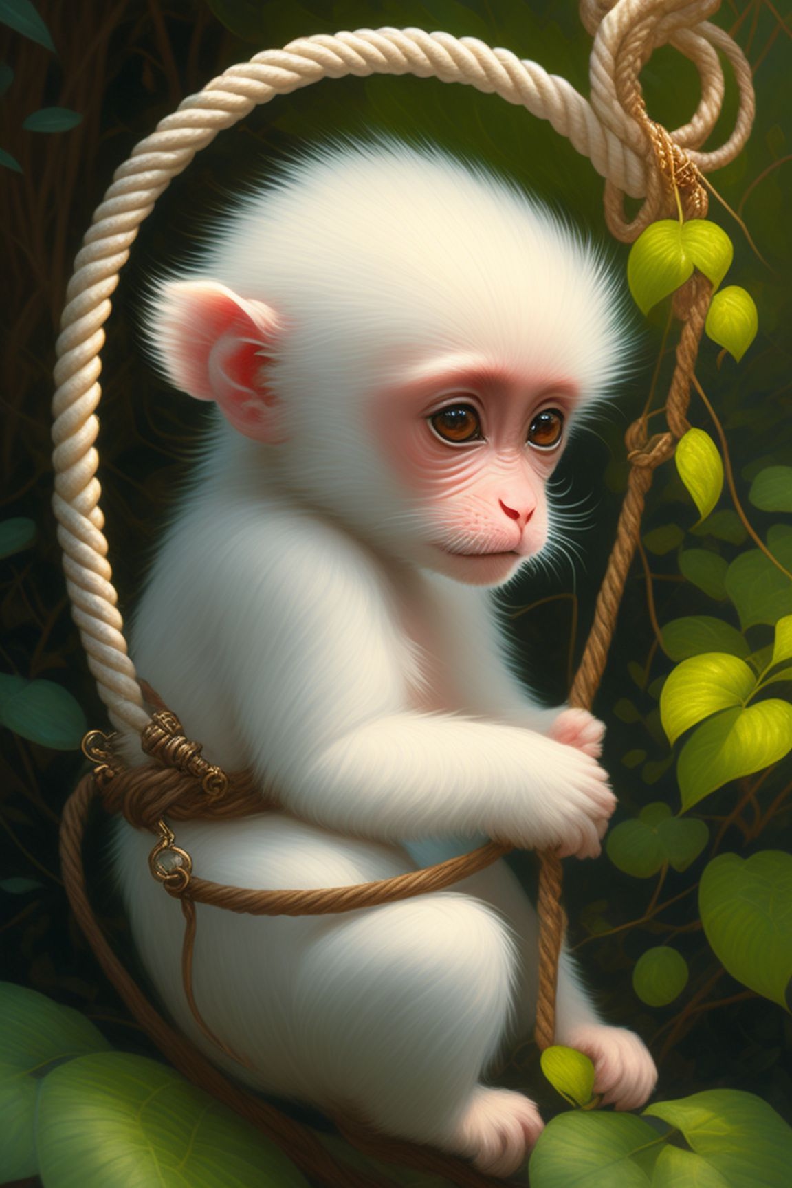 adorable-dog185: white mini monkey with a rope behind its back
