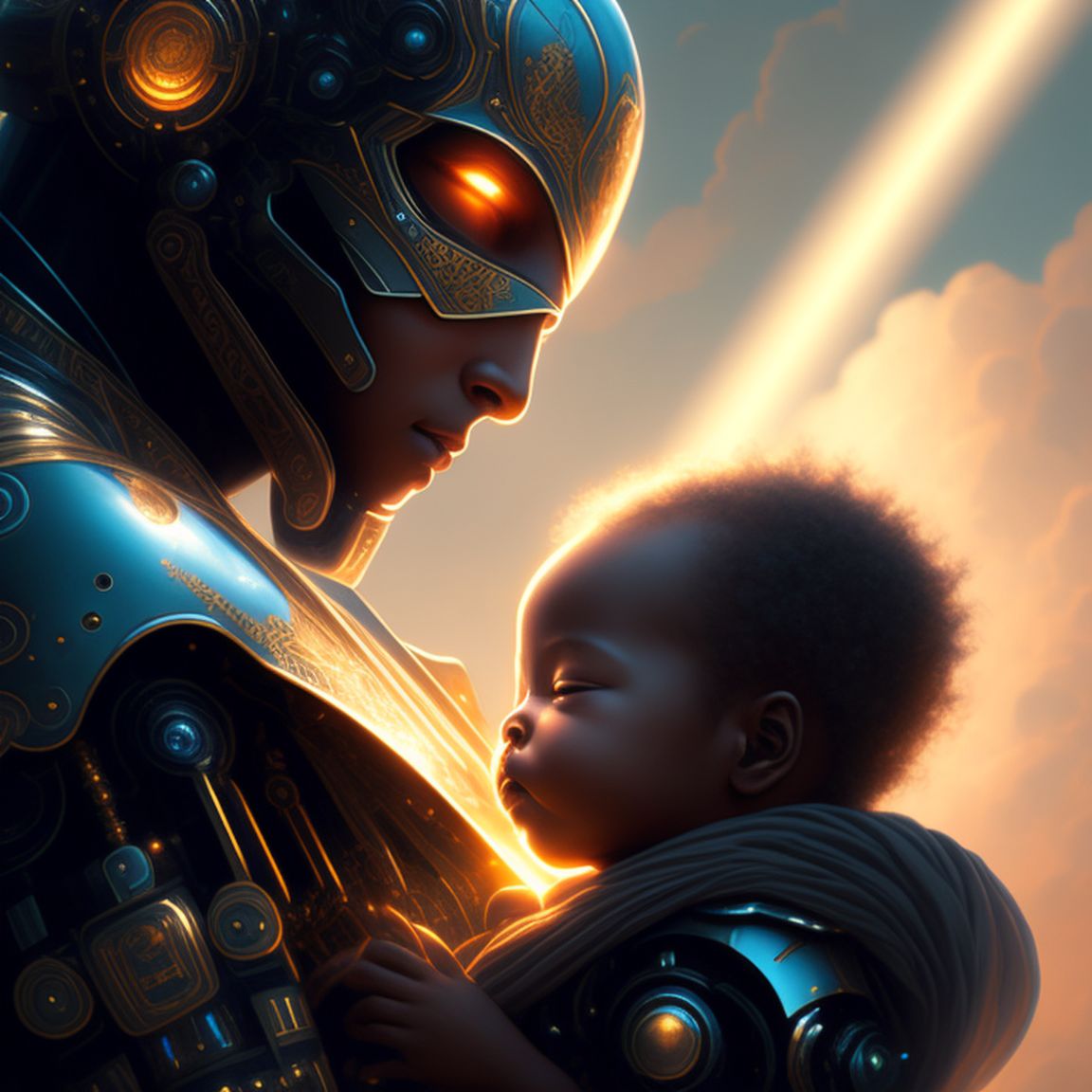 moral-turtle525: a robot, perfect, carrying a newborn black human child ...