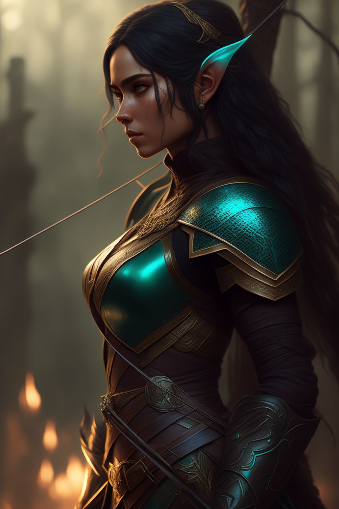 unlined-gull878: Elven archer, short teal hair, dark skin, armor, strong